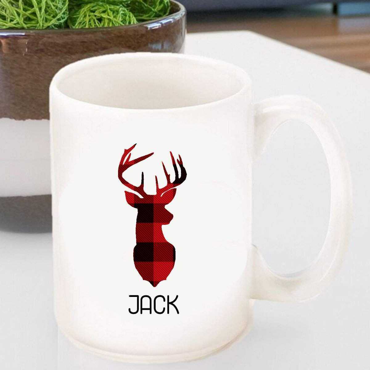 Personalized Coffee Mug - Red and Black Plaid Deer DG Custom Graphics